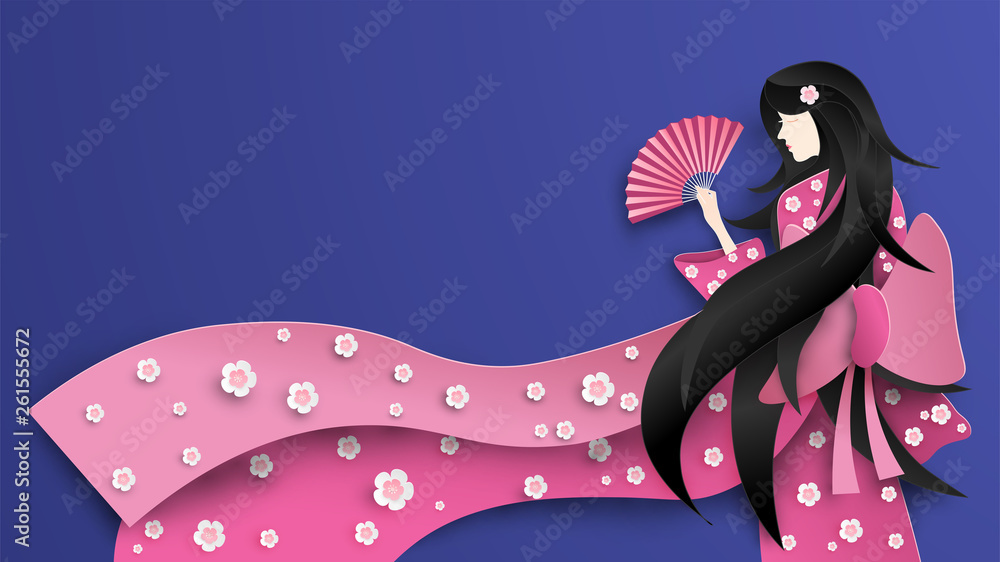 Illustration of Japanese girl wearing kimono costume with cherry ...