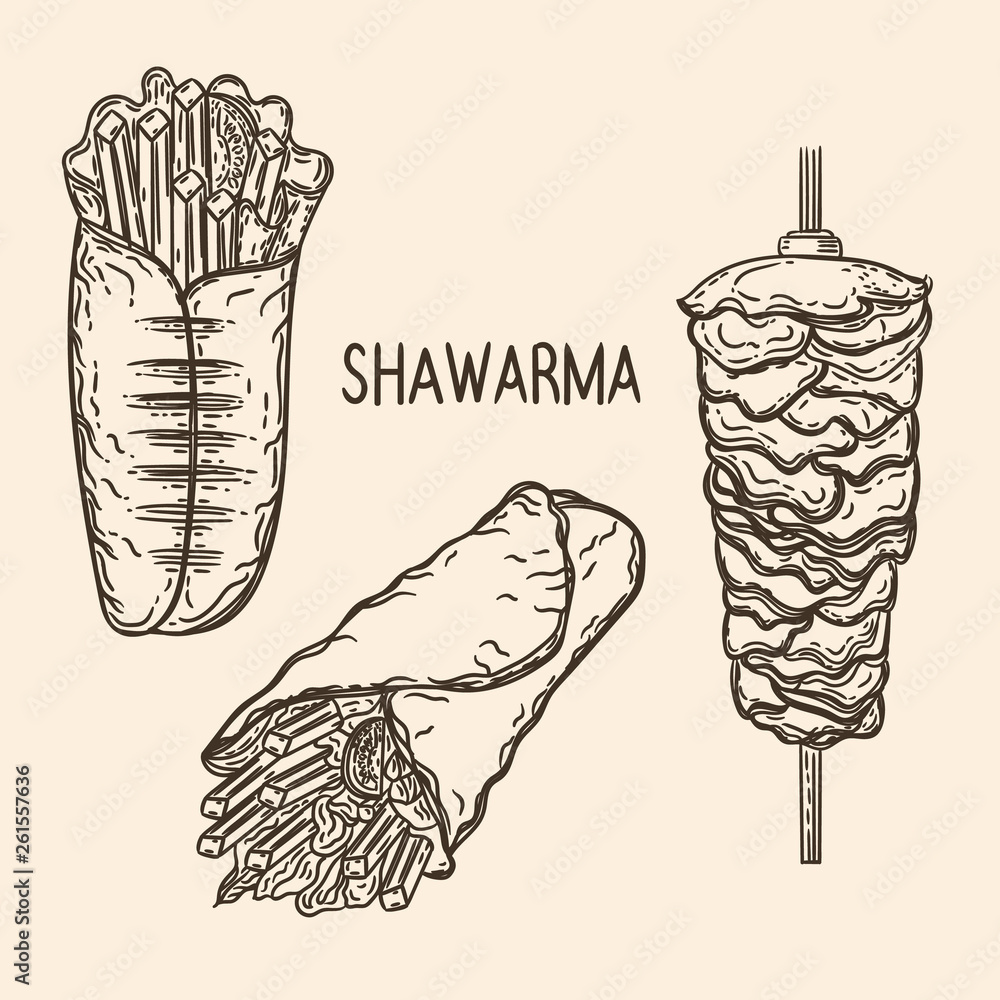 Vector hand drawn of shawarma set in the engraving style. Stock Vector ...