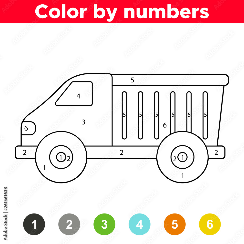 Coloring by numbers vector cartoon truck. Educational game for kids ...