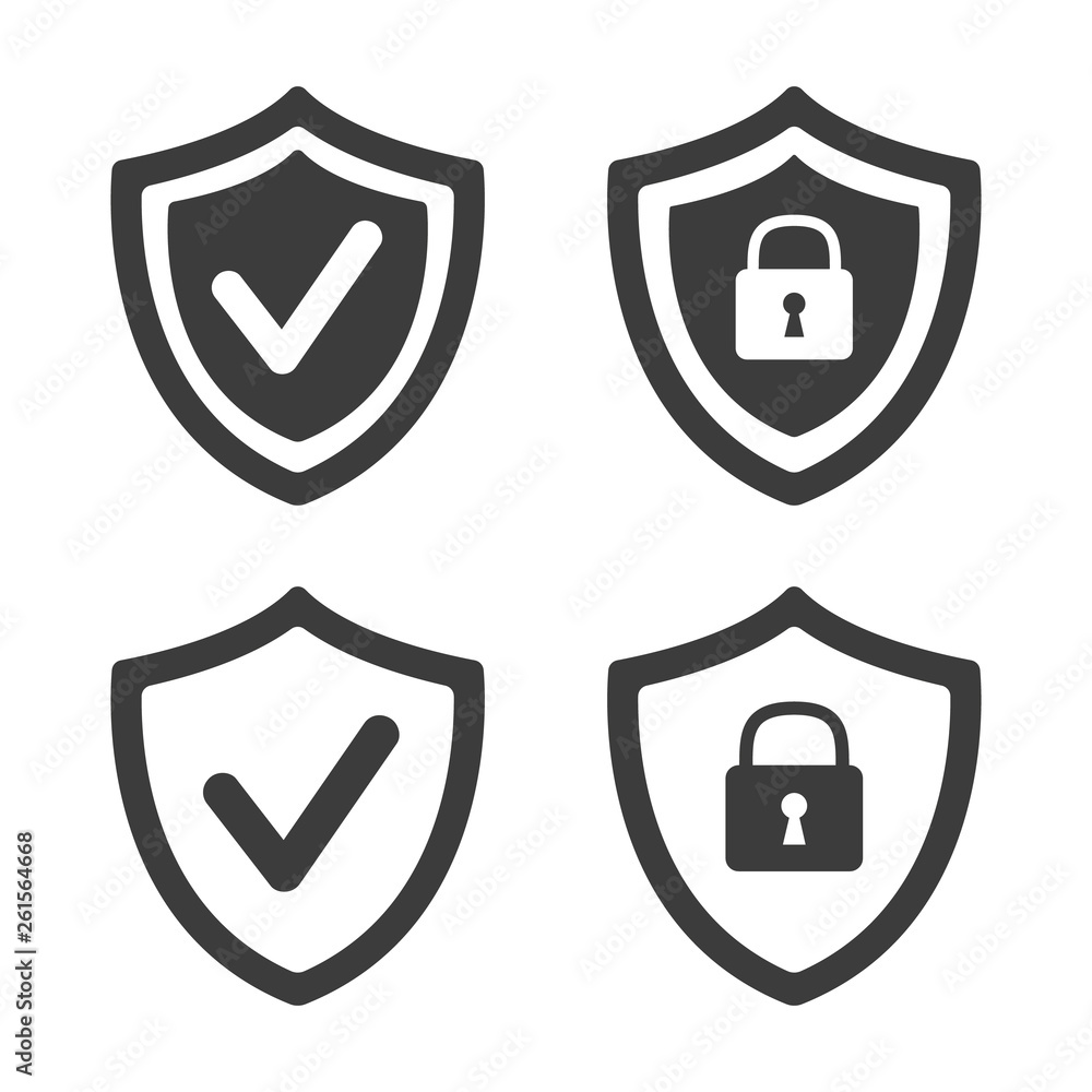 Shield with security and check mark icon on white background. Stock ...
