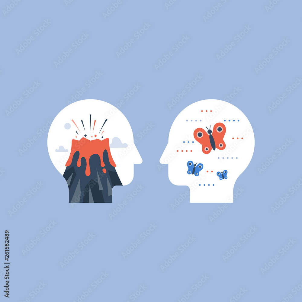 Anger or calm comparison, mental stress concept,mood swing, positive or ...