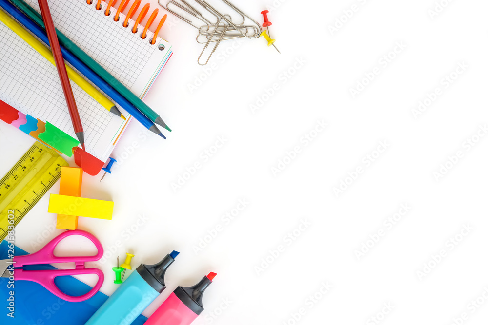 School supplies on white background. Free space for text. Top view ...