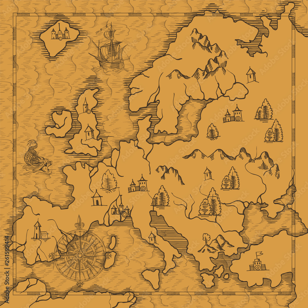 Old caravelle, vintage sailboat, sea monster. Example design elements ...