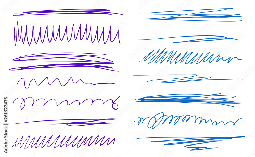 Hand drawn colorful underlines on white. Stroke chaotic patterns ...