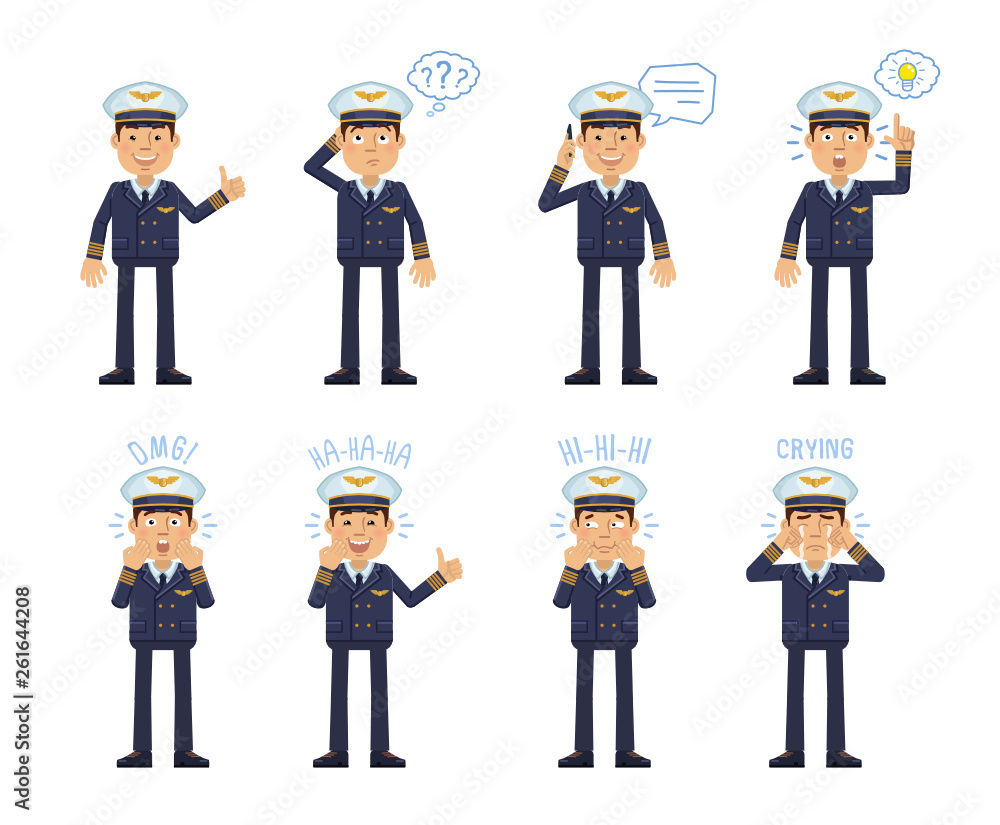 Set of airline pilot characters posing in different situations ...