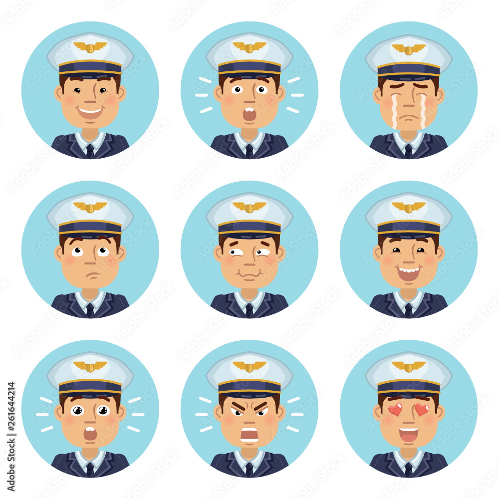 Set of airline pilot emoticons. Pilot avatars showing different ...