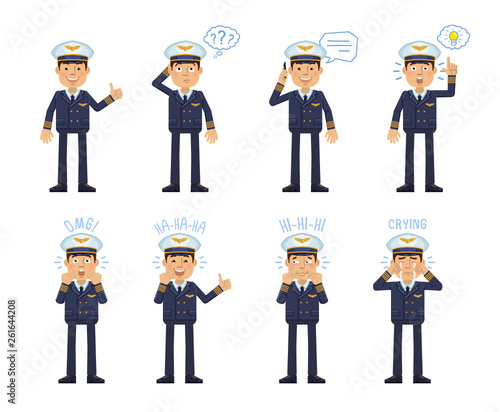 Set of airline pilot characters posing in different situations ...