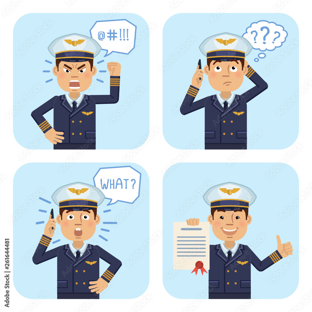 Set of airline pilot characters posing in different situations ...