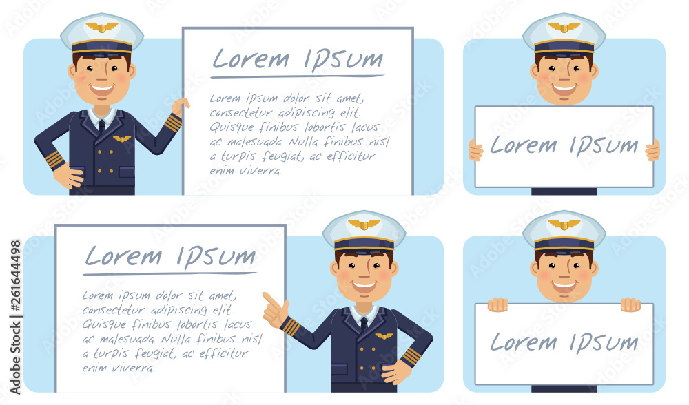 Set of airline pilot characters posing with different banners. Cheerful ...