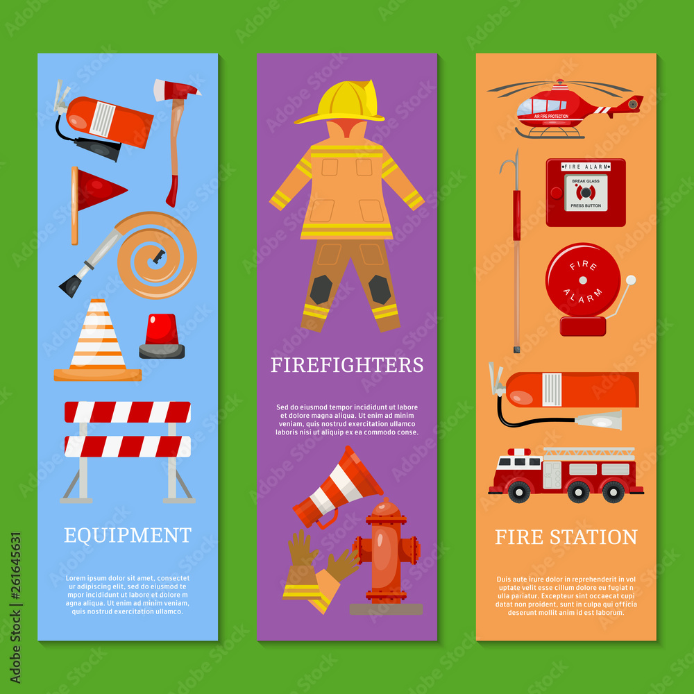 Fire safety set of banners vector illustration. Firefighter uniform and ...