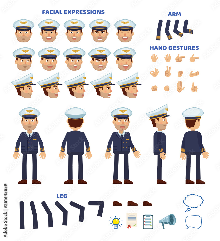 Airline pilot character creation set. Various gestures, emotions ...