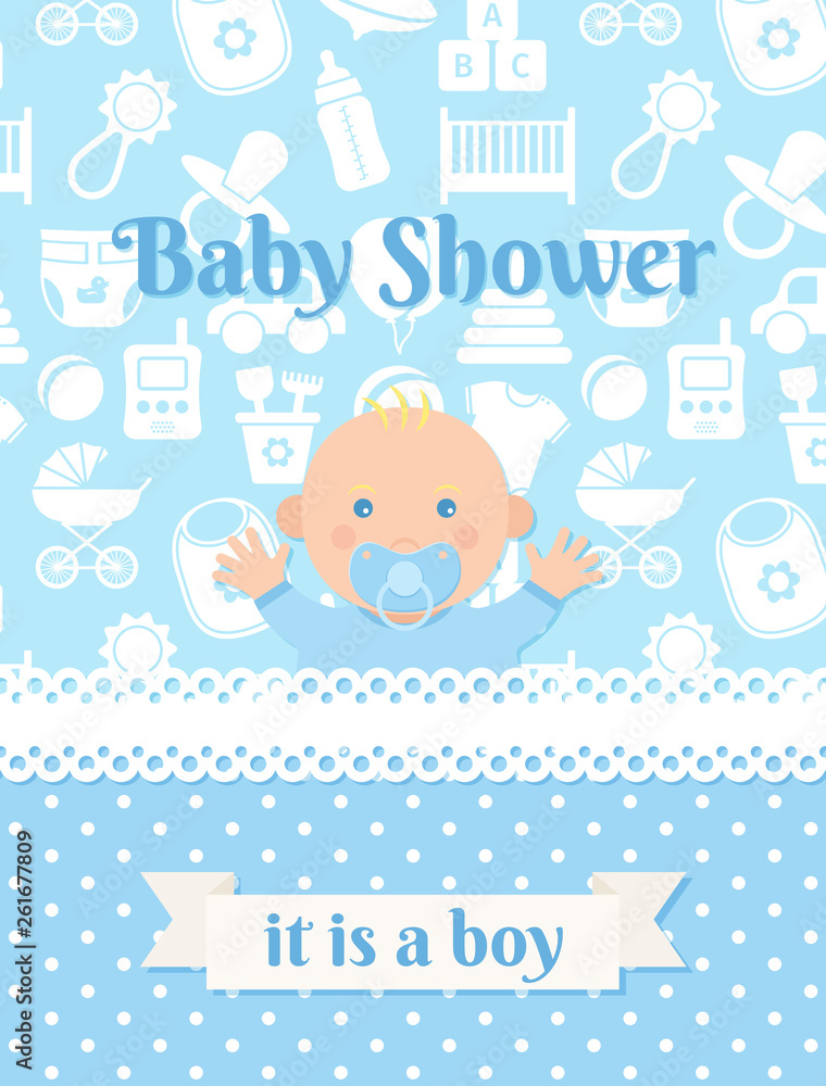 Baby invitation card. Vector. Baby Shower boy design. Cute blue banner ...