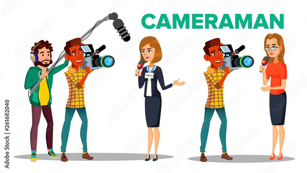 Cameraman Filming Journalist Interview Cartoon Vector Character ...