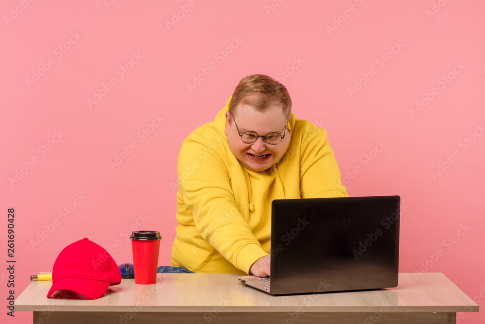 Education, work, overwork concept. Ridiculous, tired from work, mad man ...