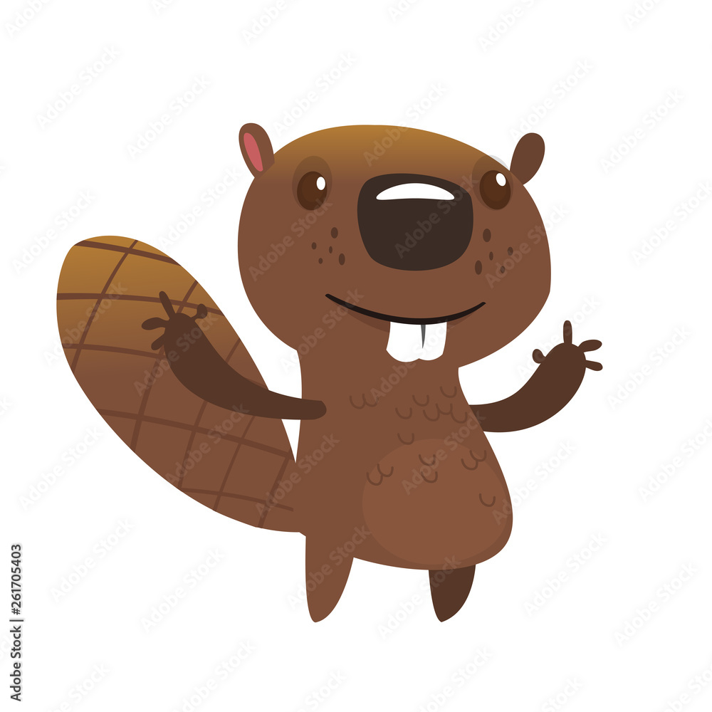 Excited cartoon beaver waving with his hands. Brown beaver mascot ...