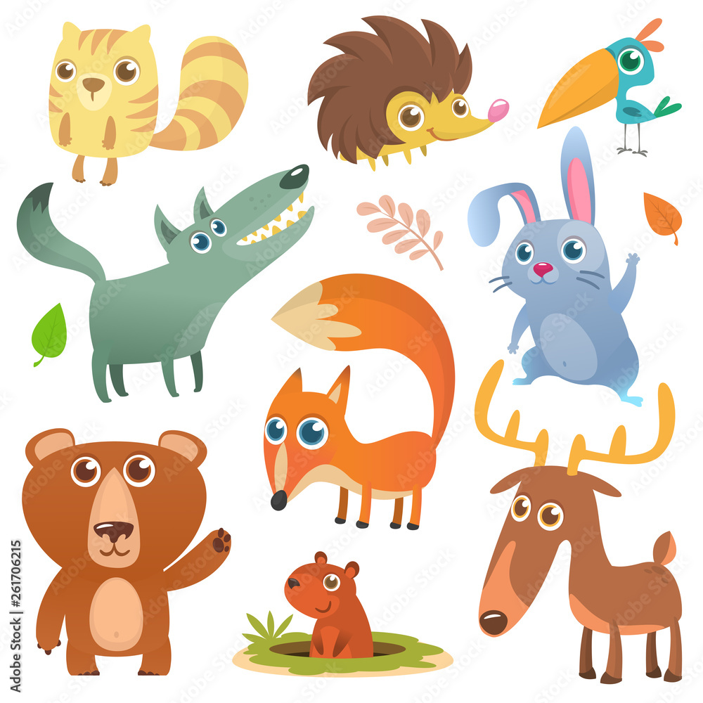 Cartoon forest animal characters. Wild cartoon cute animals set. Big ...