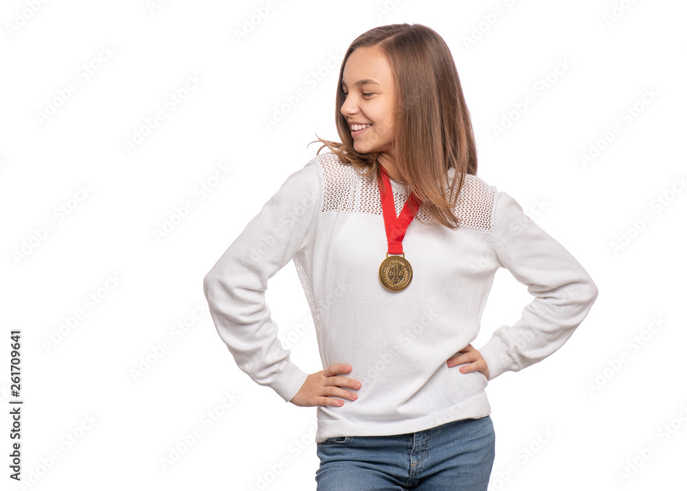 Happy winner. Portrait of beautiful Teen Girl Student with gold Medal ...