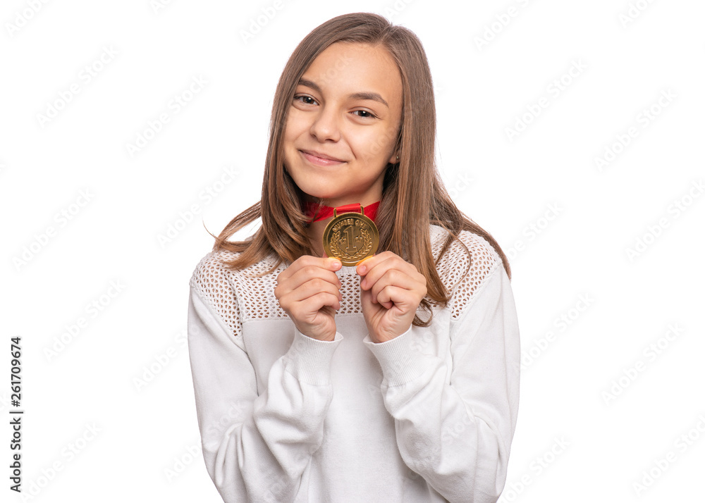 Happy winner. Portrait of beautiful Teen Girl Student with gold Medal ...