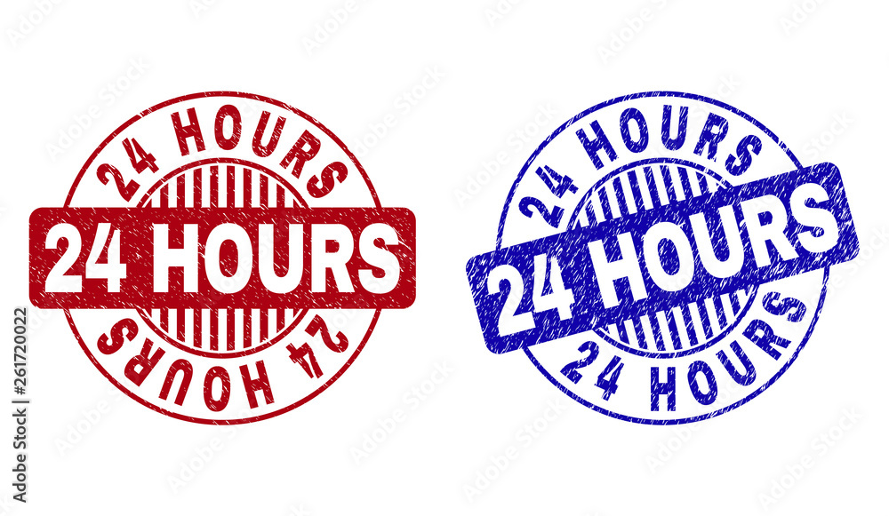 Grunge 24 HOURS round stamp seals isolated on a white background. Round ...