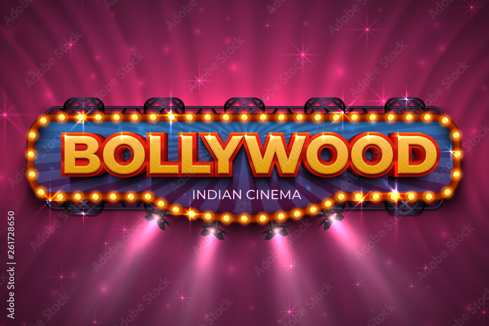 Bollywood background. Indian cinema poster with text and spot light ...