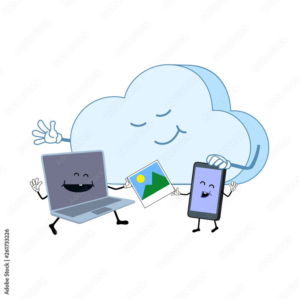Kawaii cute cloud sharing picture file with laptop notebook and ...