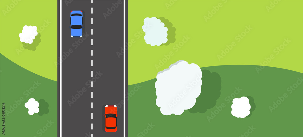 Nature landscape with road , clouds and cars top view vector ...