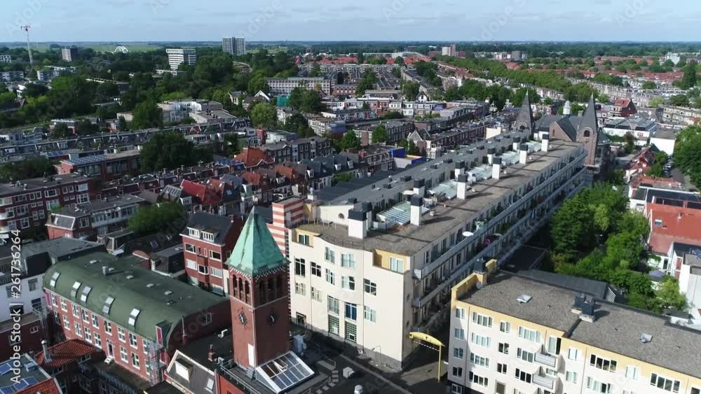 Aerial bird view footage of typical Dutch neighborhood showing the ...