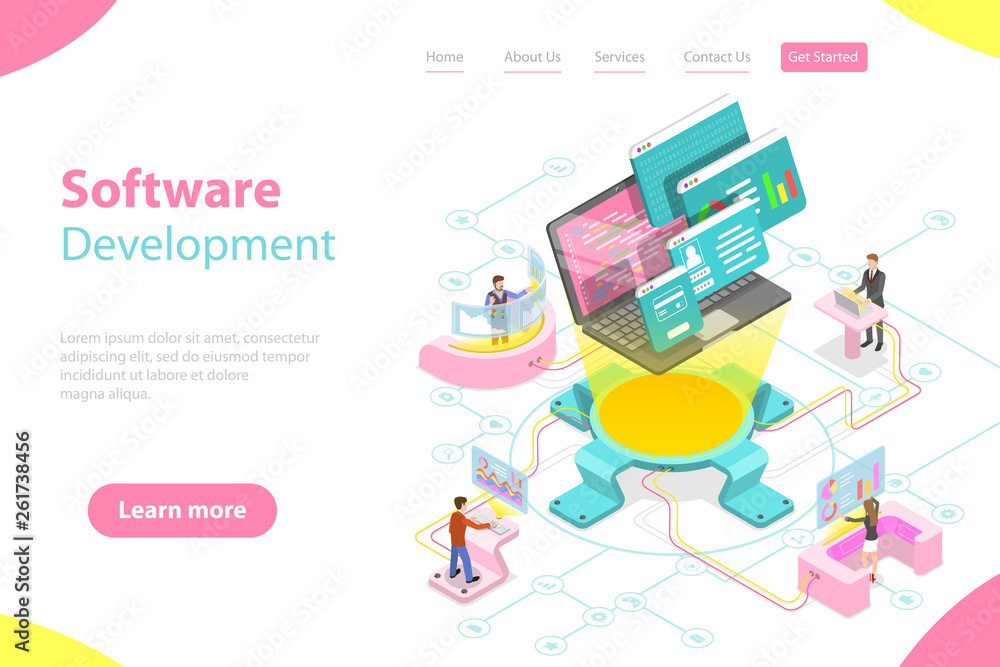 Flat isometric vector landing page template of software development ...