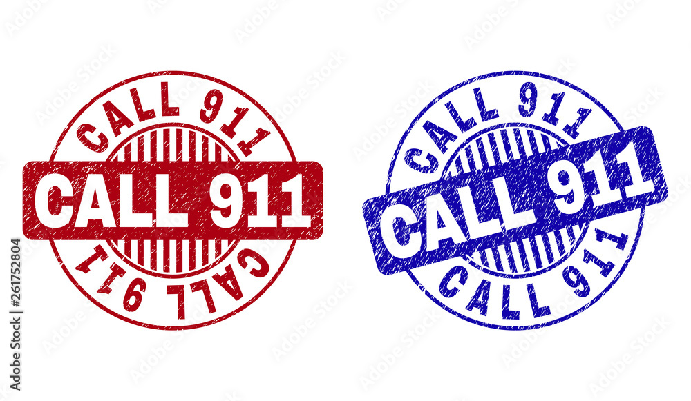 Grunge CALL 911 round stamp seals isolated on a white background. Round ...
