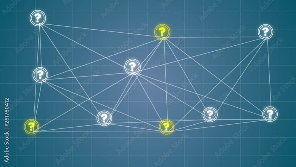 Question marks on a blue background are connected by a network. Network ...