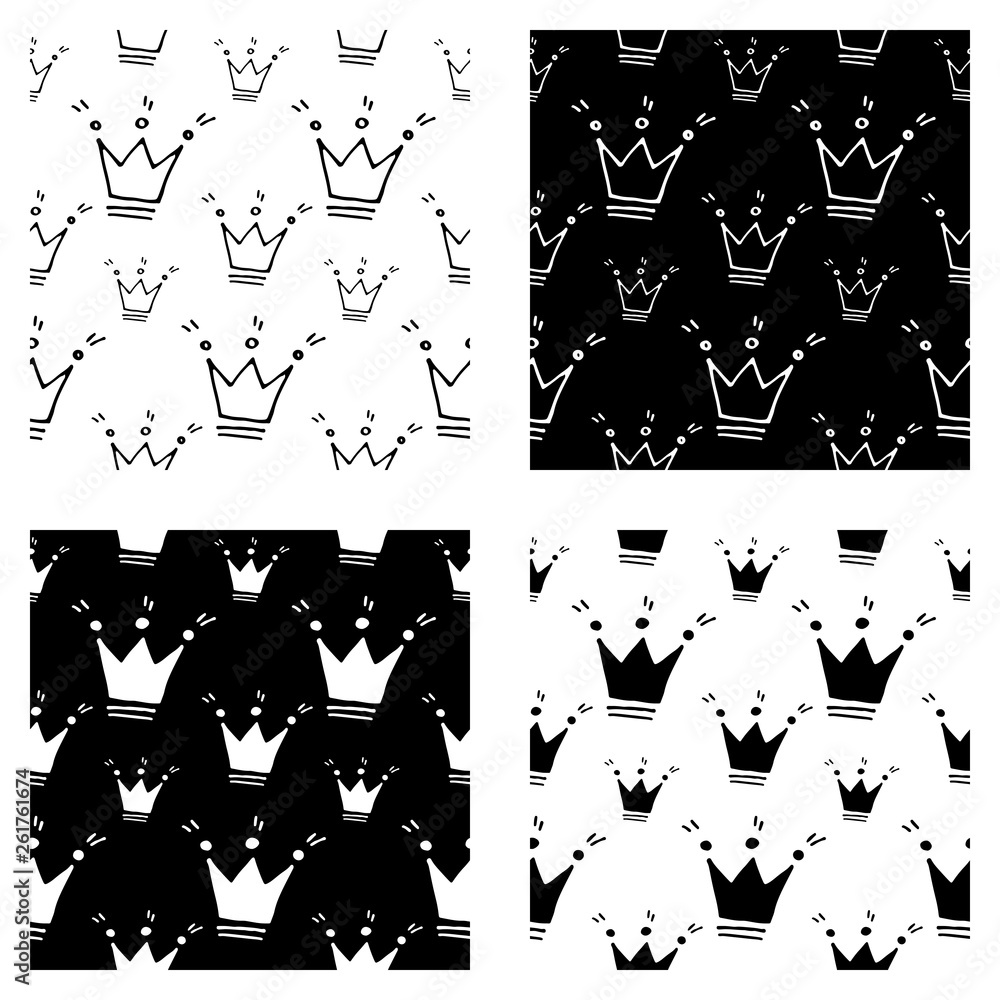 Cute cartoon crown pattern set with hand drawn crowns. Sweet vector ...