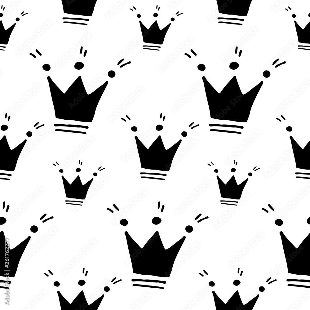 Cute cartoon crown pattern with hand drawn crowns. Sweet vector black ...