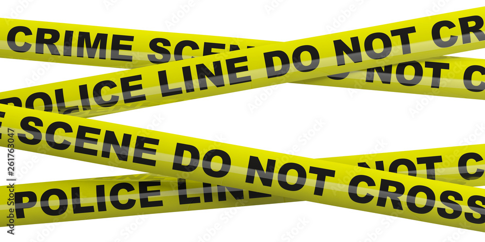 Crime scene, police line. Warning yellow tape isolated cutout against ...