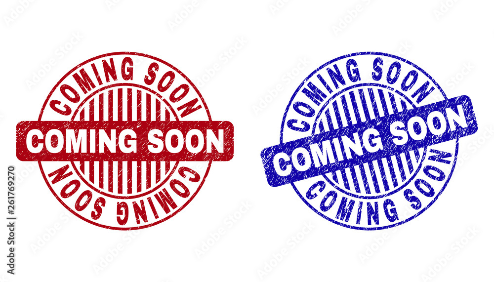 Grunge COMING SOON round stamp seals isolated on a white background ...