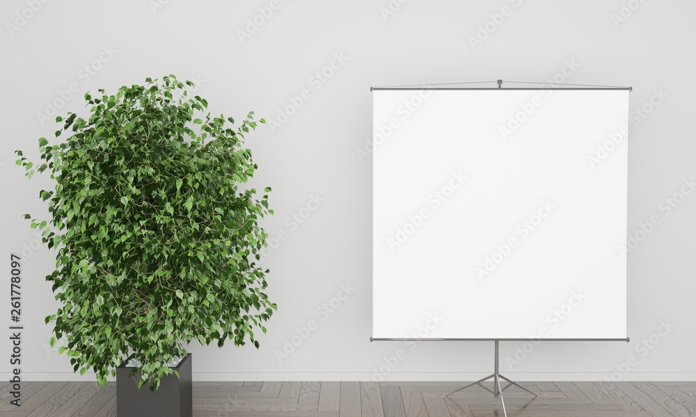 White background with projection screen and a big plant 3D illustration ...