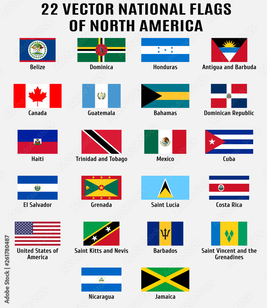 Vector collection of 22 national flags with detailed emblems of North ...