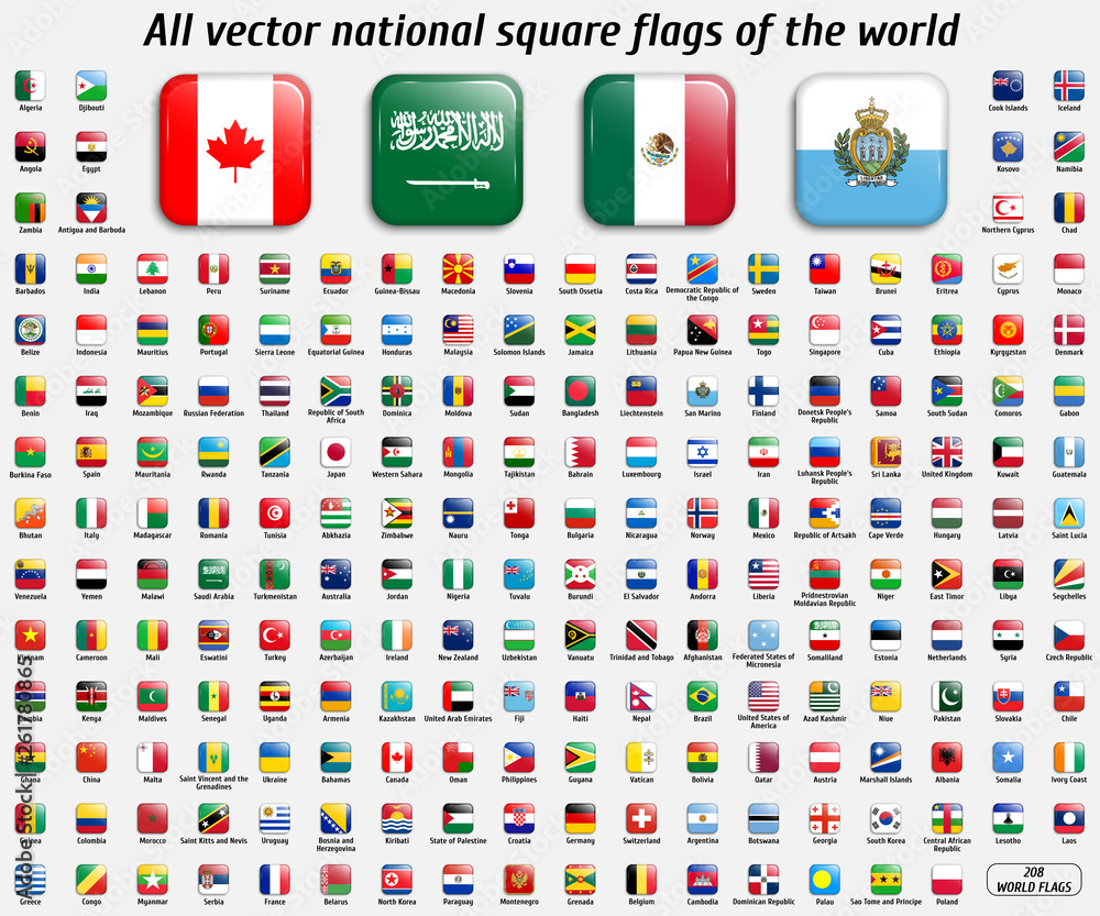 Vector collection of 208 national square flags with detailed emblems ...