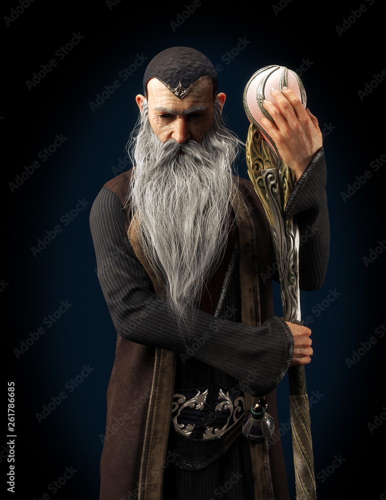 Evil Warlock old wizard posing with staff on a dark background. 3d ...