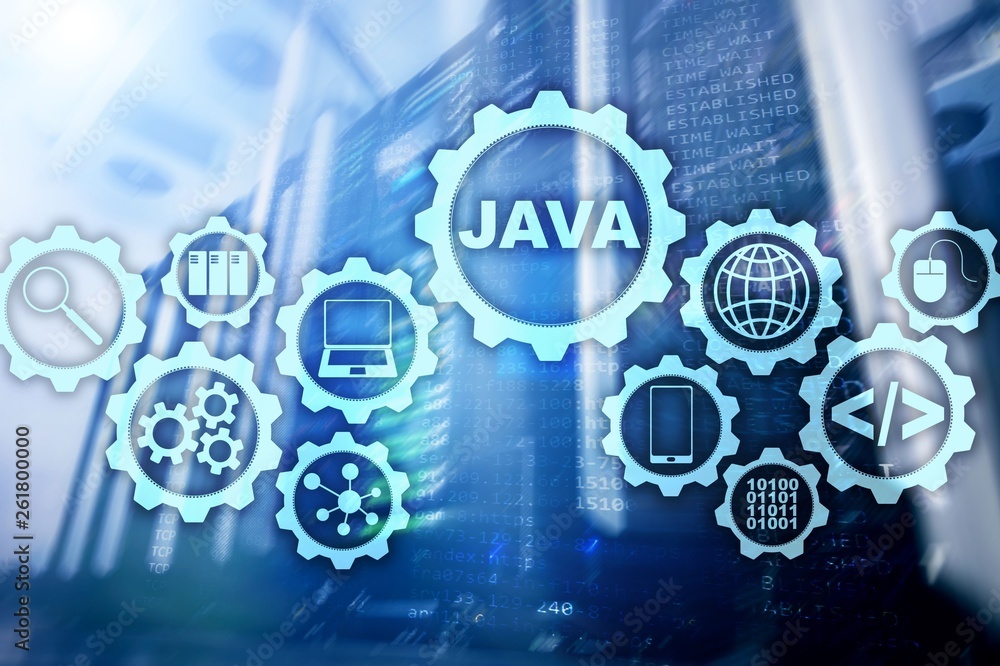 Java Programming concept. Virtual machine. On server room background ...