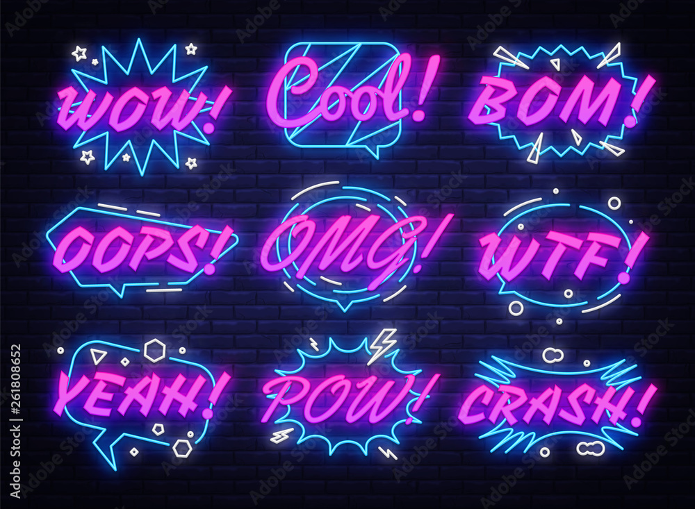 Comic Bubbles Set in neon style. Expressions Cool, Oops, Wow, Omg ...