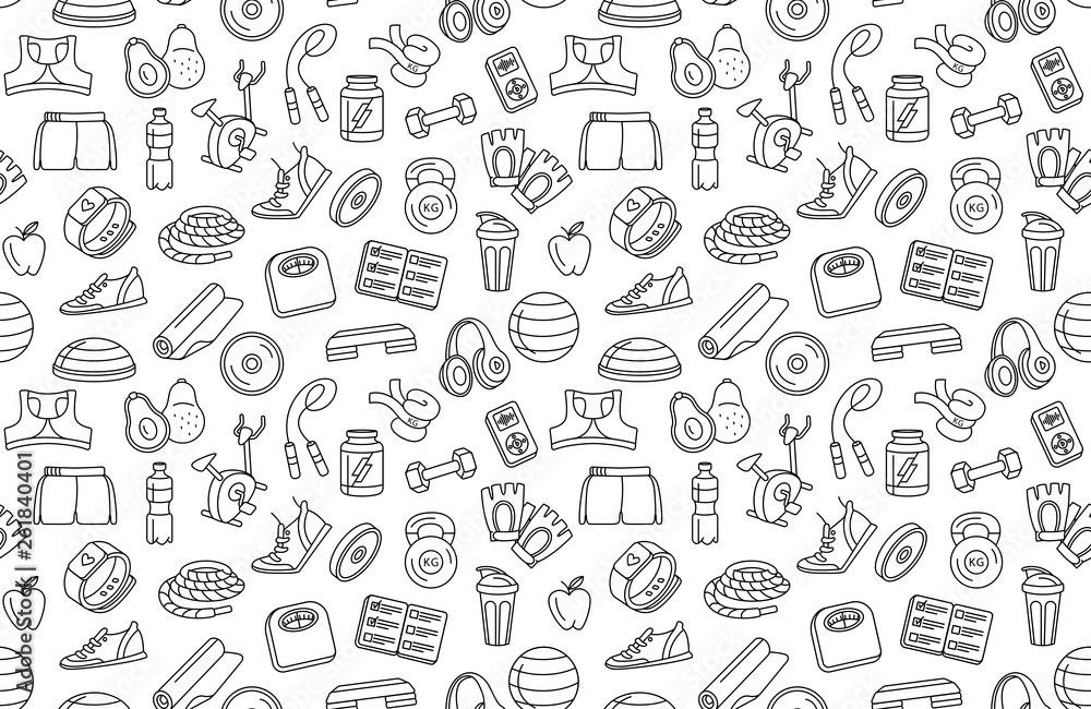 Sport, fitness, functional training background seamless doodle icons ...