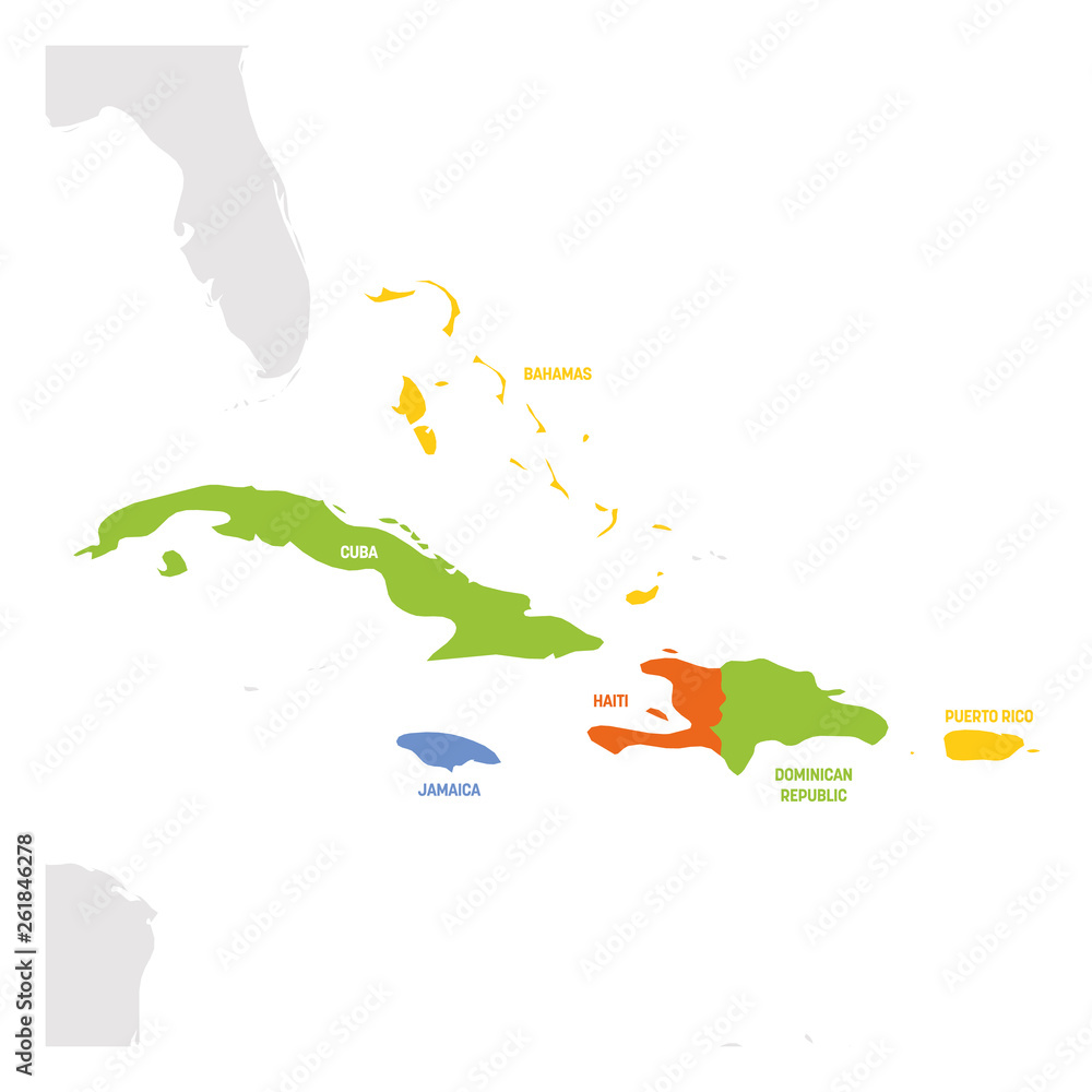 Caribbean Region. Map of countries in Caribbean Sea in Central America ...