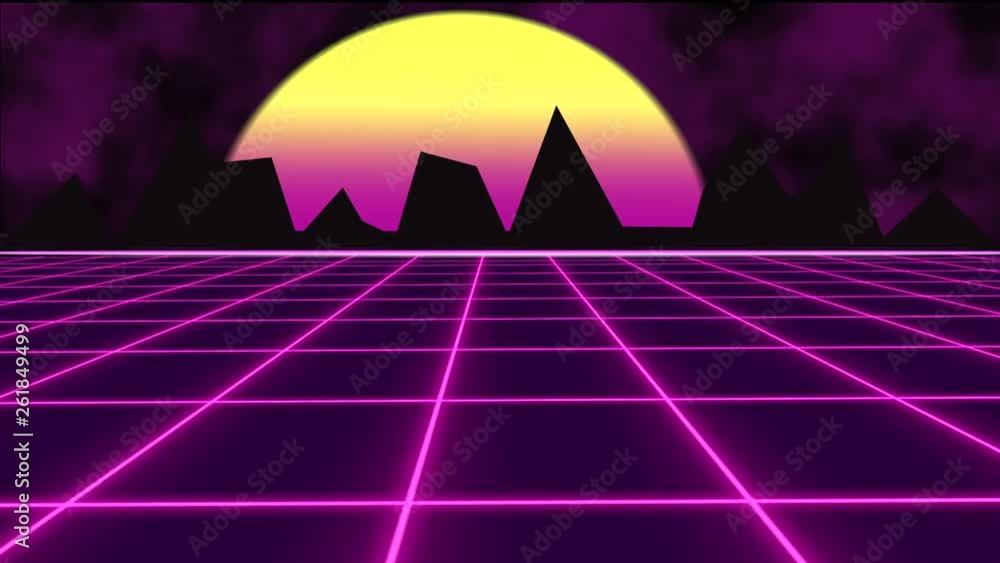Beautiful retro 80s synthwave with sun grid background. Seamless loop ...