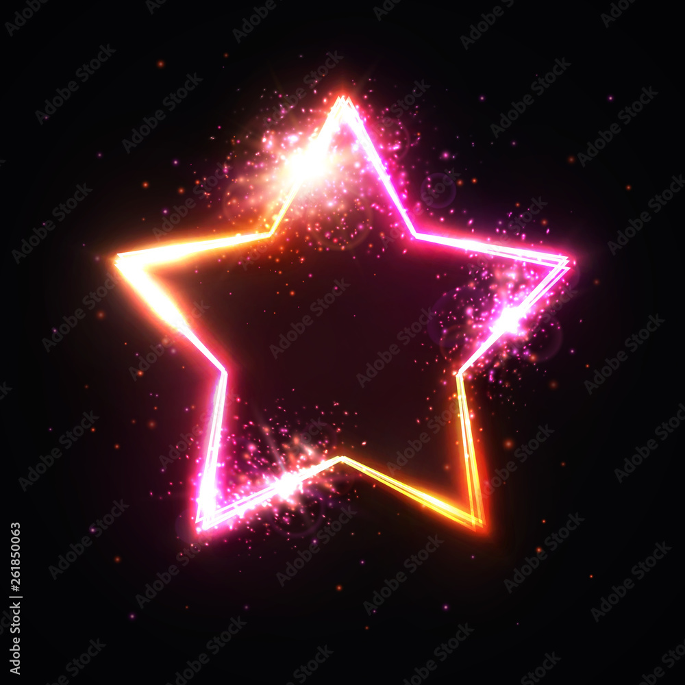 Vector star frame with light flash and particles. Shining banner ...
