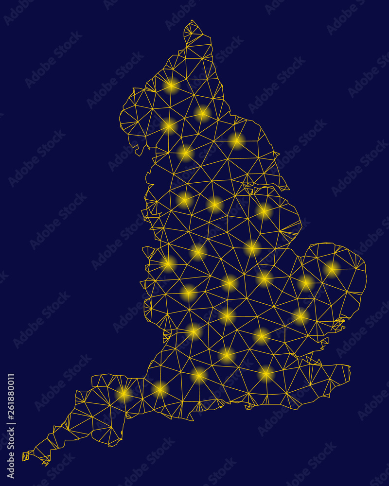 Bright yellow mesh England map with lightspot effect. Wire carcass ...