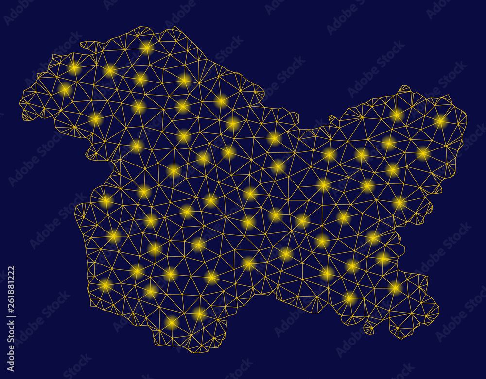 Bright yellow mesh Jammu and Kashmir State map with glow effect. Wire ...