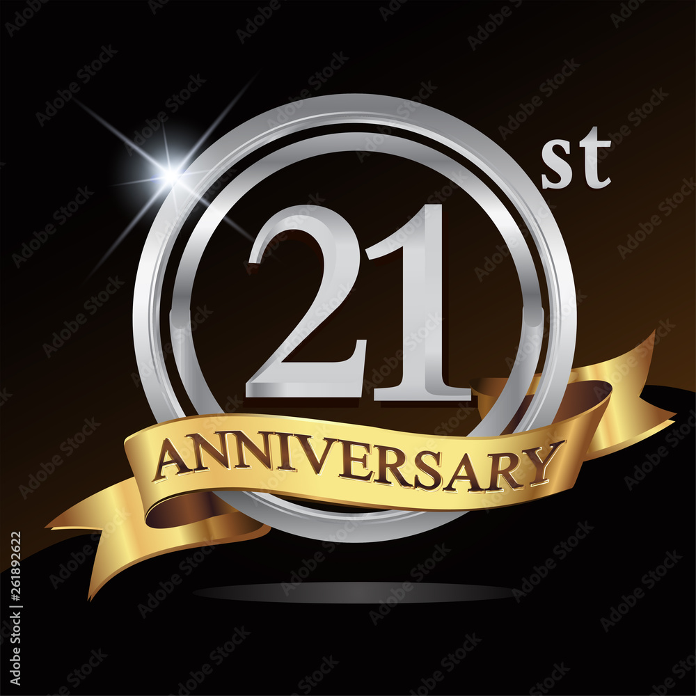 21st anniversary logo, with shiny silver ring and gold ribbon isolated ...