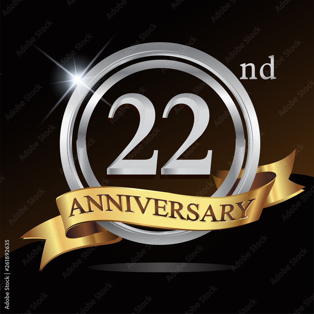 22nd anniversary logo, with shiny silver ring and gold ribbon isolated ...
