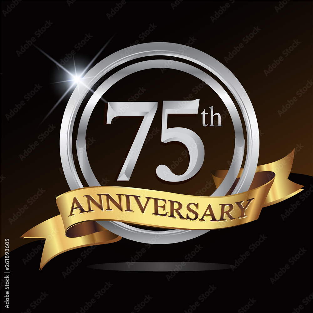 75th anniversary logo, with shiny silver ring and gold ribbon isolated ...