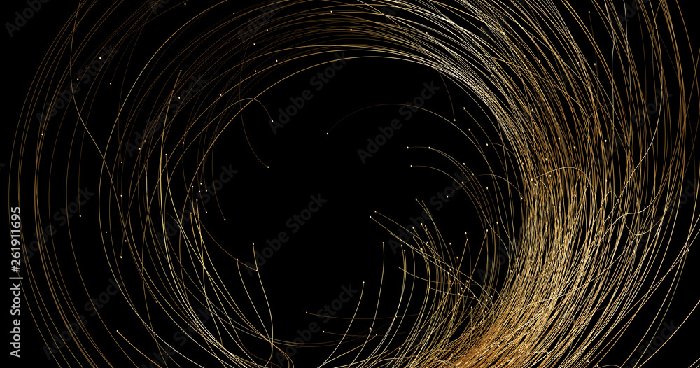 Abstract golden lines and spheres on black background with bokeh ...